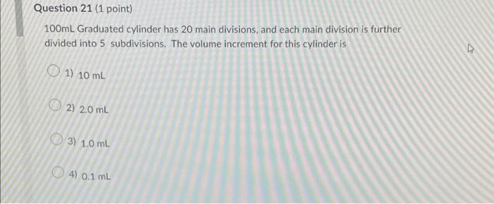 Solved 100 mL Graduated cylinder has 20 main divisions, and | Chegg.com