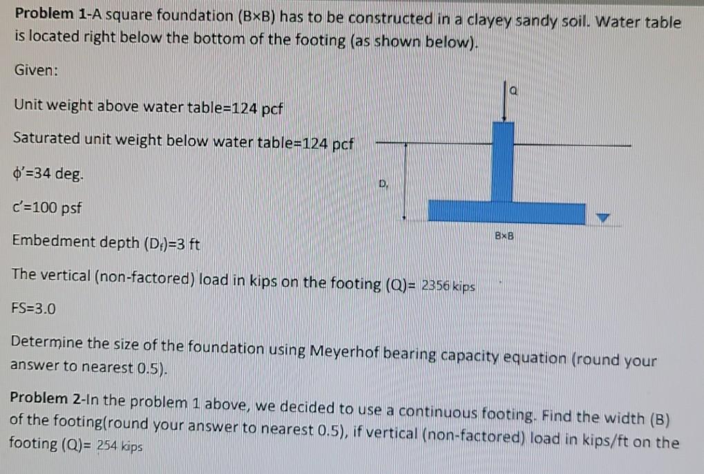 Solved Problem 1-A square foundation (BxB) has to be | Chegg.com
