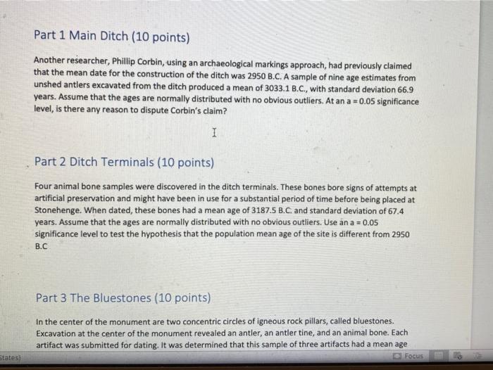 Solved Part 1 Main Ditch (10 points) Another researcher, | Chegg.com