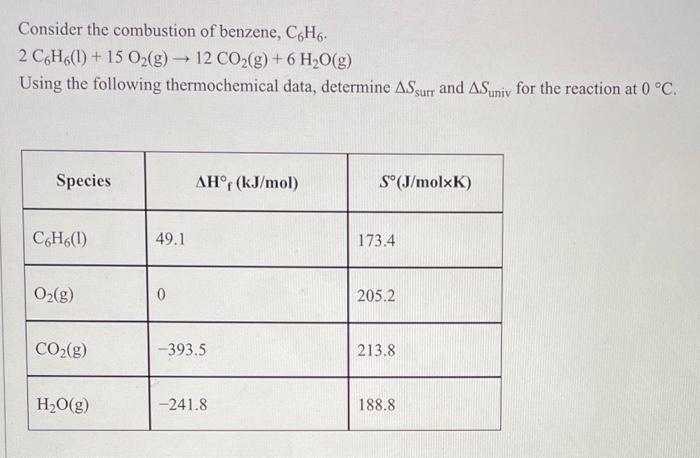 Solved Consider The Combustion Of Benzene C6h6