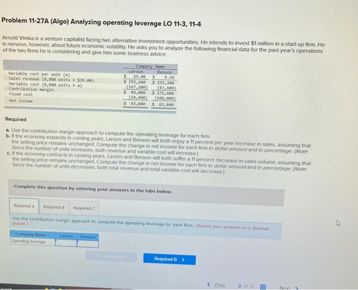 Solved Problem 11-27A (Algo) Analyzing operating leverage LO | Chegg.com