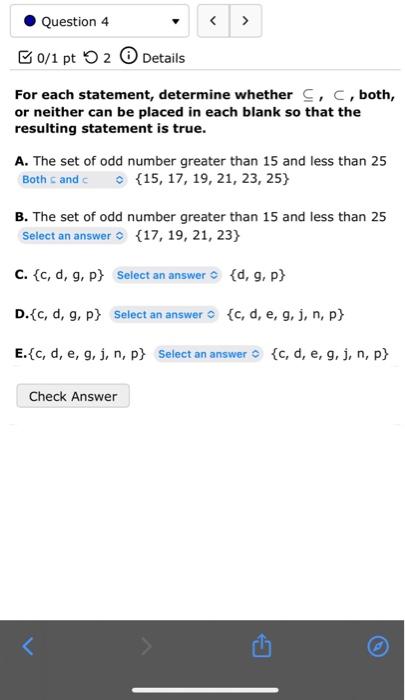 Solved For each statement, determine whether ⊆,⊂, both, or | Chegg.com