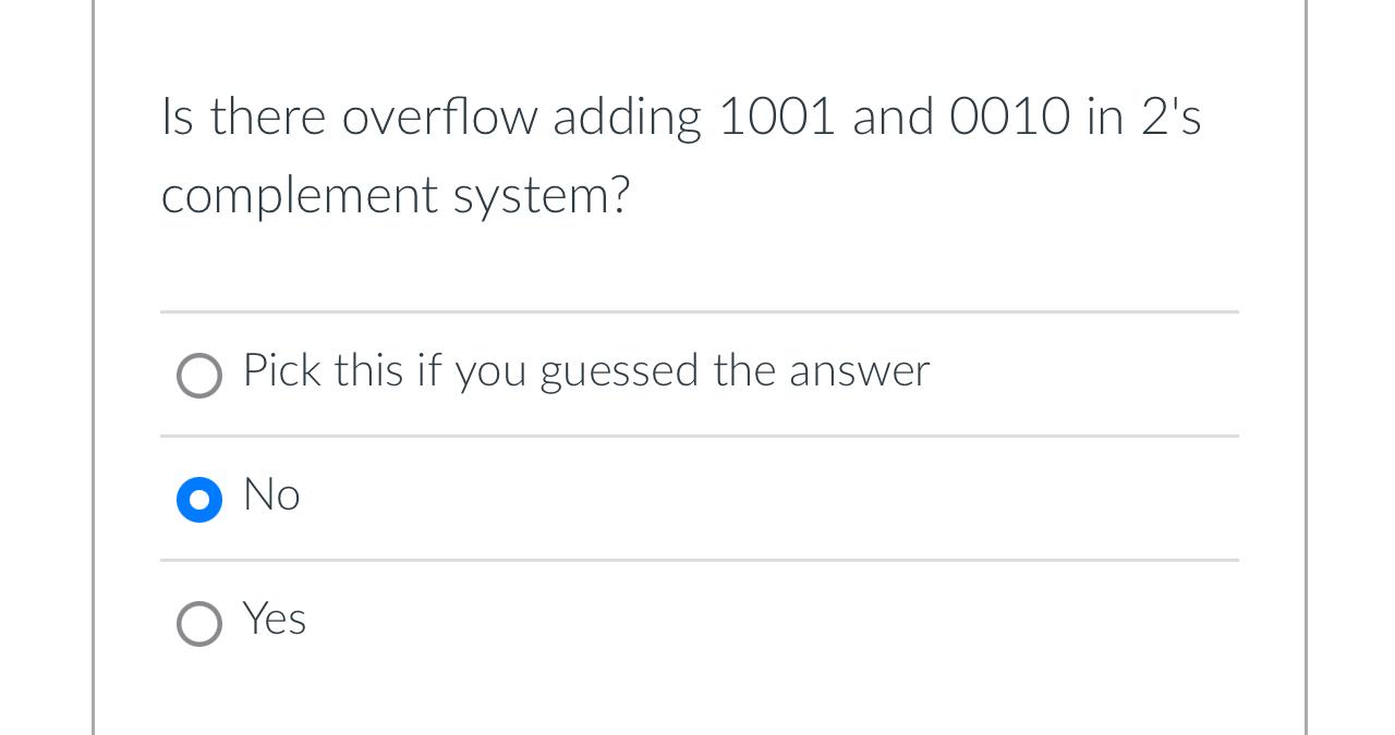 Solved Is there overflow adding 1001 ﻿and 0010 ﻿in 2's | Chegg.com