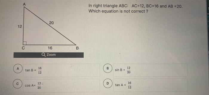 Solved In right triangle ABC: AC=12, BC=16 and AB = 20. | Chegg.com