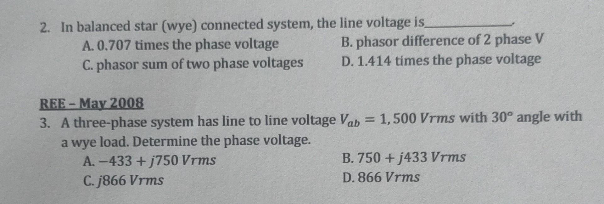 Solved 2. In balanced star (wye) connected system, the line | Chegg.com