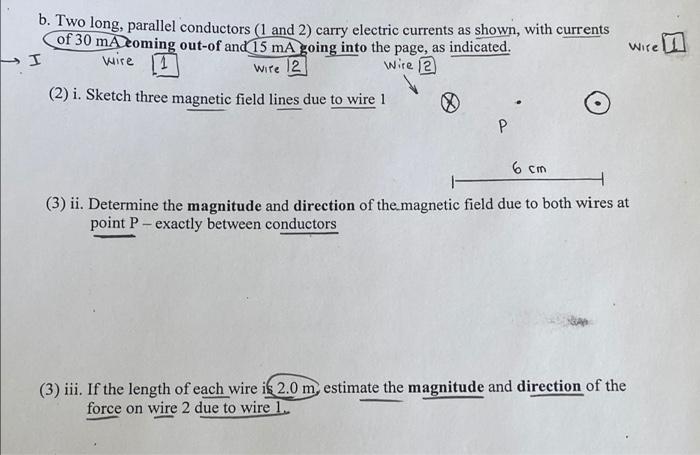 Solved b. Two long, parallel conductors (1 and 2) carry | Chegg.com