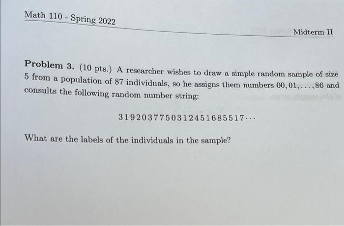 Solved Math 110- Spring 2022 Midterm II Problem 3. (10 pts.) | Chegg.com