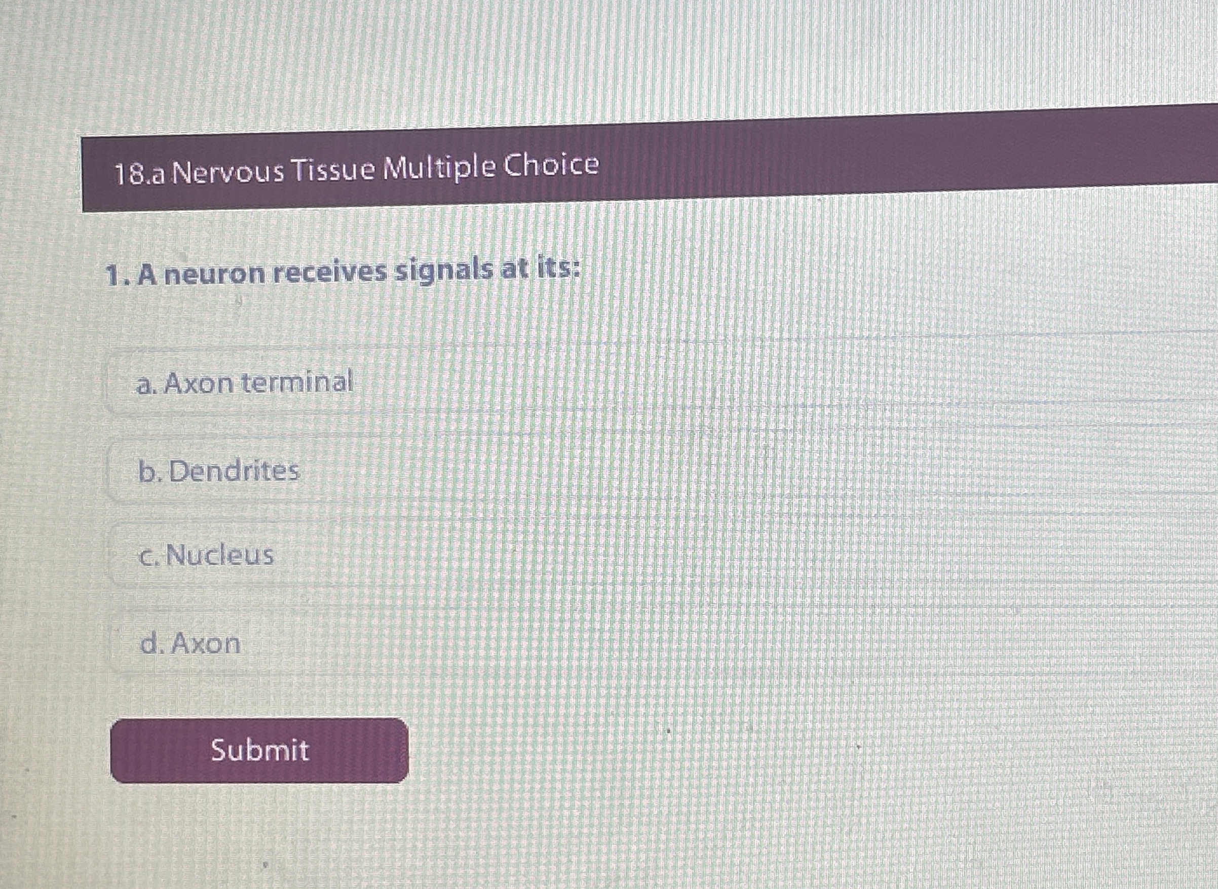 Solved 18.a Nervous Tissue Multiple ChoiceA neuron receives | Chegg.com