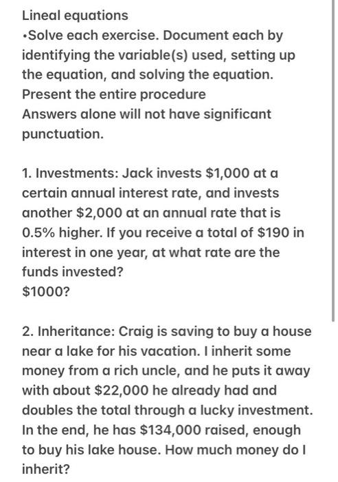 Solved Lineal equations -Solve each exercise. Document each | Chegg.com
