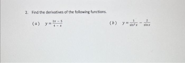 Solved 2. Find the derivatives of the following functions. | Chegg.com