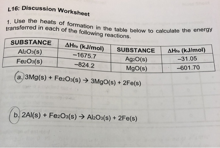 Solved 16: Discussion Worksheet 4 Use the heats of formation | Chegg.com