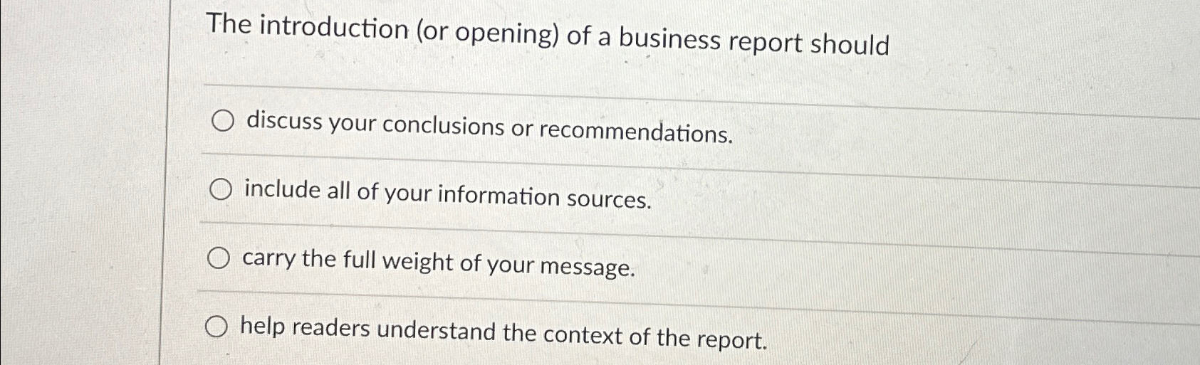Solved The introduction (or opening) ﻿of a business report | Chegg.com
