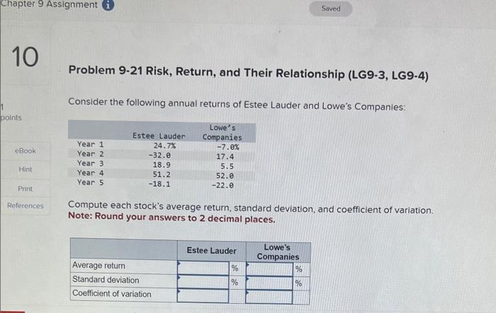 Solved Problem 9-21 Risk, Return, and Their Relationship | Chegg.com