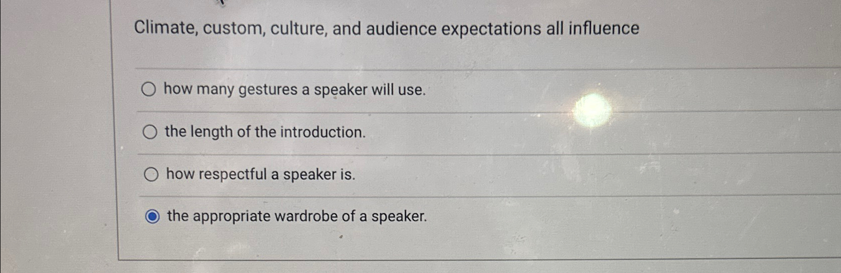 Solved Climate, custom, culture, and audience expectations | Chegg.com
