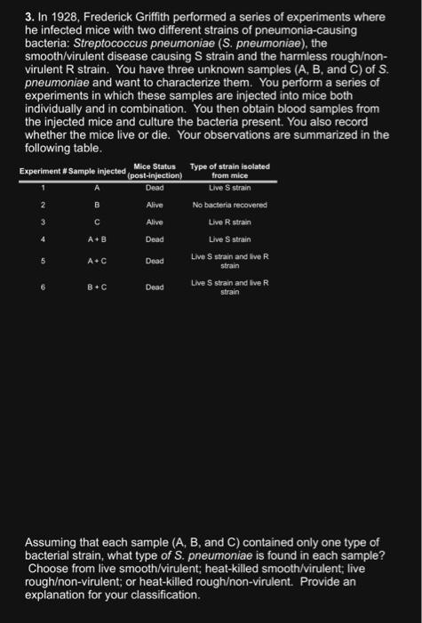 Solved 3. In 1928, Frederick Griffith performed a series of | Chegg.com