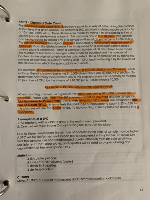 Solved Part 2 - Standard Plate Count The standard plate | Chegg.com