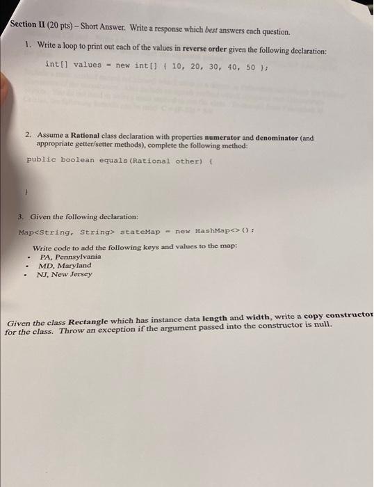 Solved Section II ( 20pts) - Short Answer. Write a response | Chegg.com