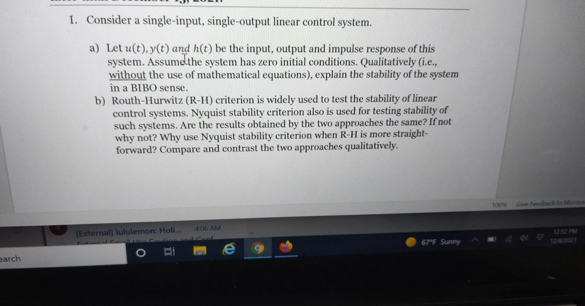 Solved 1. Consider a single-input, single-output linear | Chegg.com
