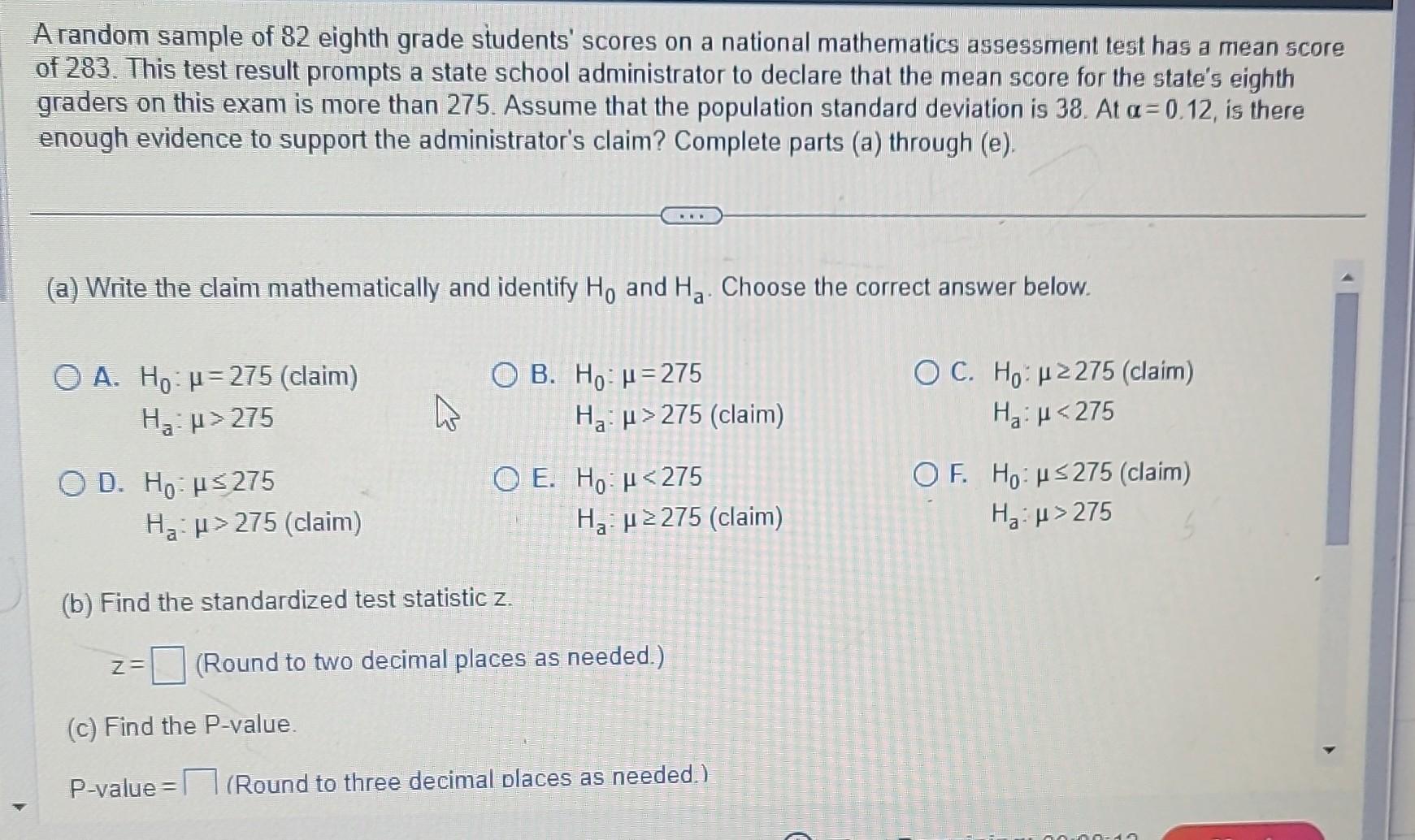 Solved A random sample of 82 eighth grade students' scores | Chegg.com