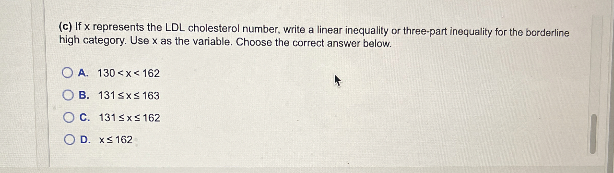 Solved (c) ﻿If x ﻿represents the LDL cholesterol number, | Chegg.com