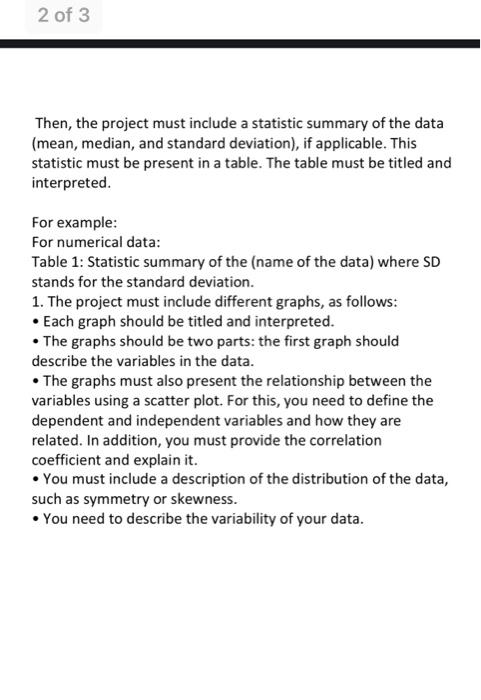 1 of 3 Project guideline The statistical project will | Chegg.com