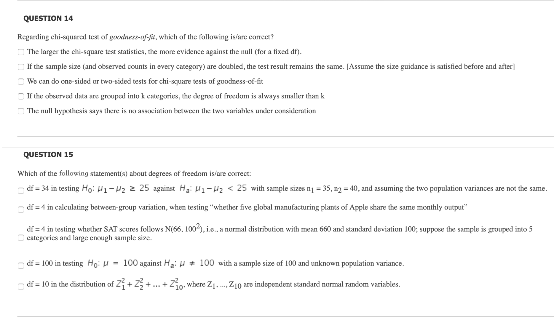 Solved QUESTION 14 Regarding chi-squared test of | Chegg.com