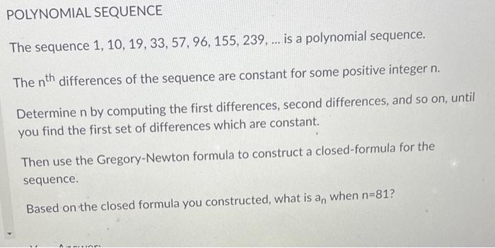 Solved POLYNOMIAL SEQUENCE The sequence | Chegg.com