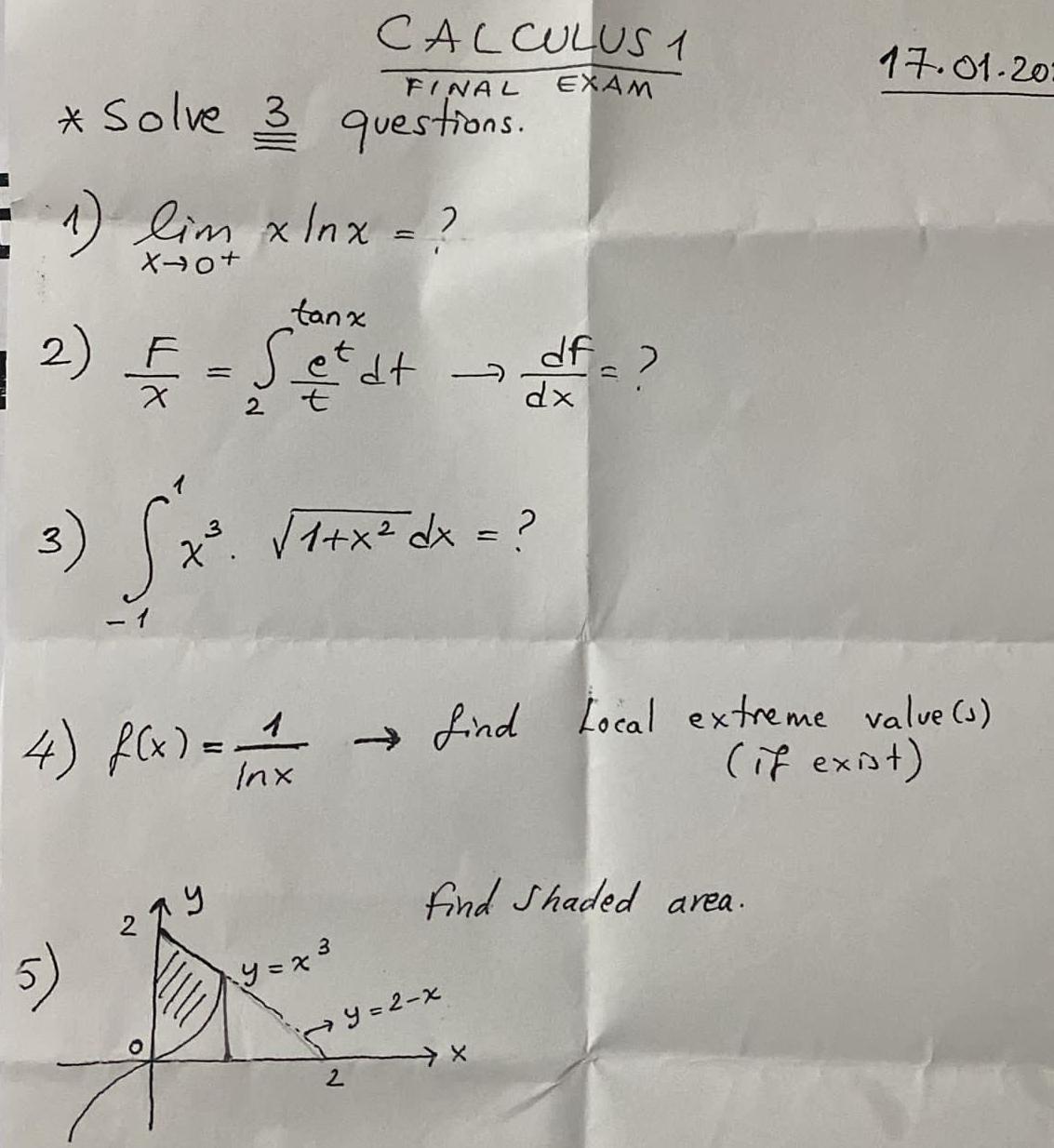 Solved CALCULUS 1 FINAL EXAM 17.01 .20Solve 3 | Chegg.com