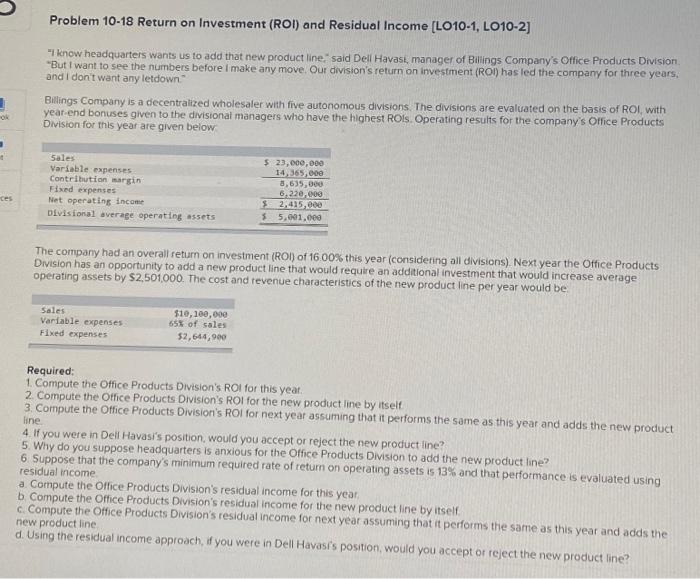 Solved Problem 10-18 Return on Investment (ROI) and Residual | Chegg.com