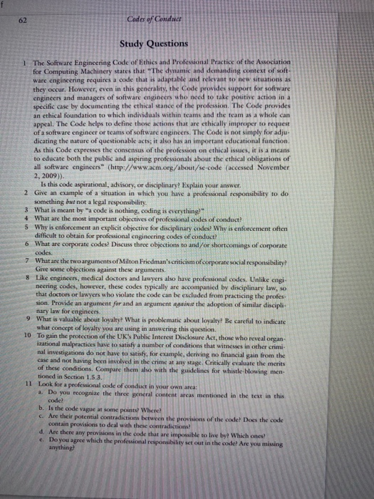 Solved 62 Codes of Conduct Study Questions 1 The Software | Chegg.com