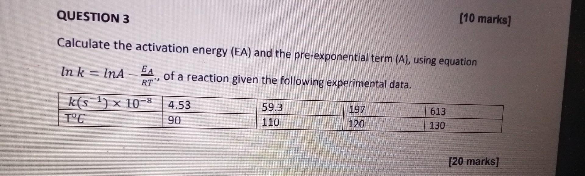 Solved Calculate the activation energy (EA) and the | Chegg.com