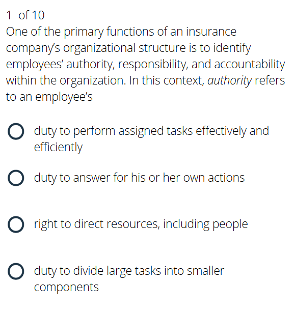 Solved 1 ﻿of 10One of the primary functions of an insurance | Chegg.com