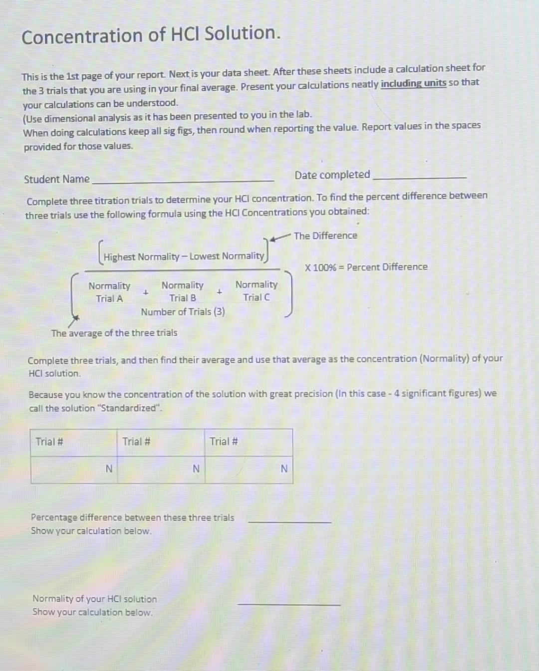 Concentration of HCl Solution. This is the 1st page | Chegg.com
