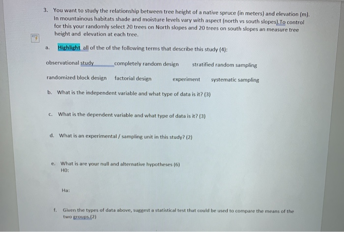 Solved 3. You want to study the relationship between tree | Chegg.com