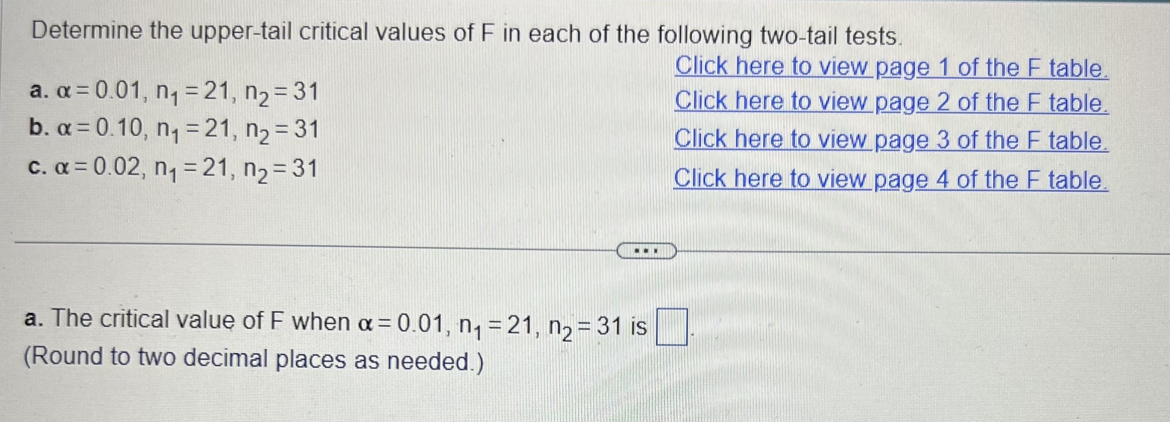Solved Determine the upper-tail critical values of F in | Chegg.com Solved Determine the upper-tail critical values of F in | Chegg.com