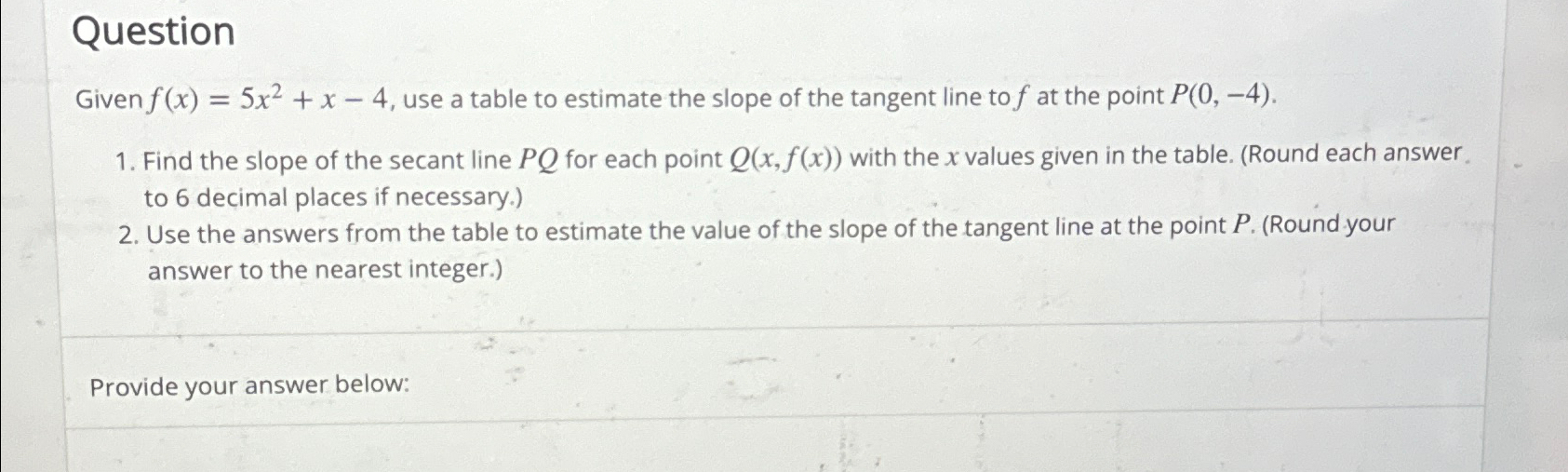 Solved QuestionGiven f(x)=5x2+x-4, ﻿use a table to estimate | Chegg.com