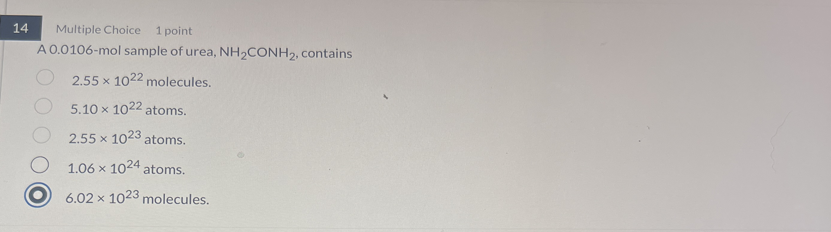 Solved 14Multiple Choice1 ﻿pointA 0.0106 -mol sample of | Chegg.com