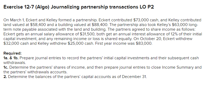 Solved 7.Exercise 12-7 (Algo) ﻿Journalizing partnership | Chegg.com