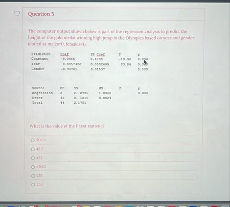 Solved Question 5The computer output shown below is part of | Chegg.com