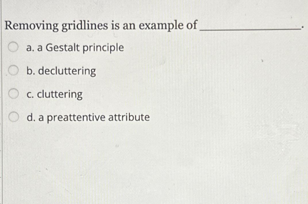 Solved Removing gridlines is an example ofa. ﻿a Gestalt | Chegg.com