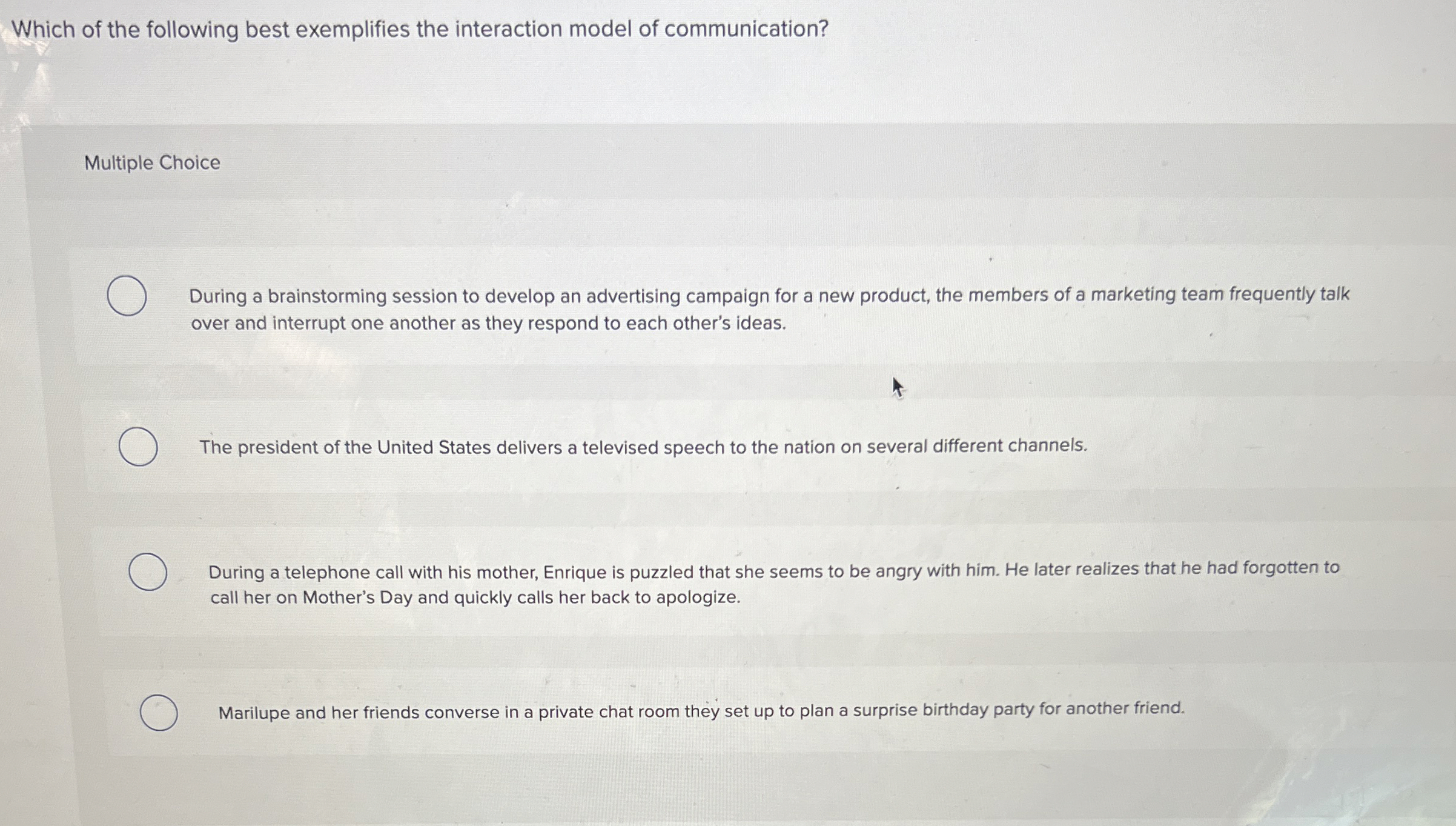 Solved Which of the following best exemplifies the | Chegg.com