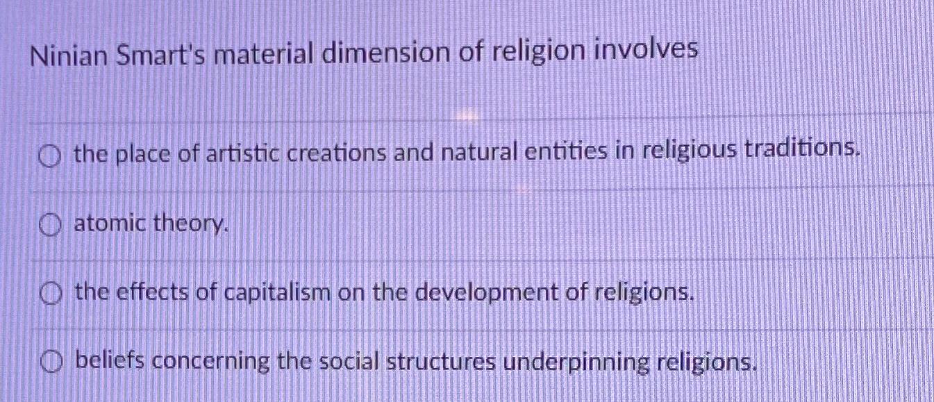 Solved Ninian Smart's material dimension of religion | Chegg.com
