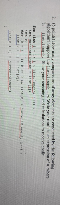 Solved 2. (5 points) How many comparisons of array elements | Chegg.com