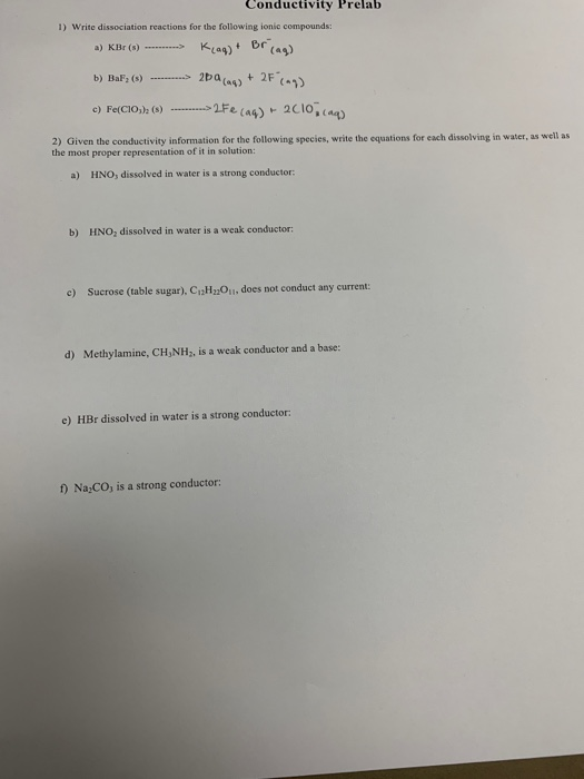Solved Conductivity Prelab 1 Write Dissociation Reactions