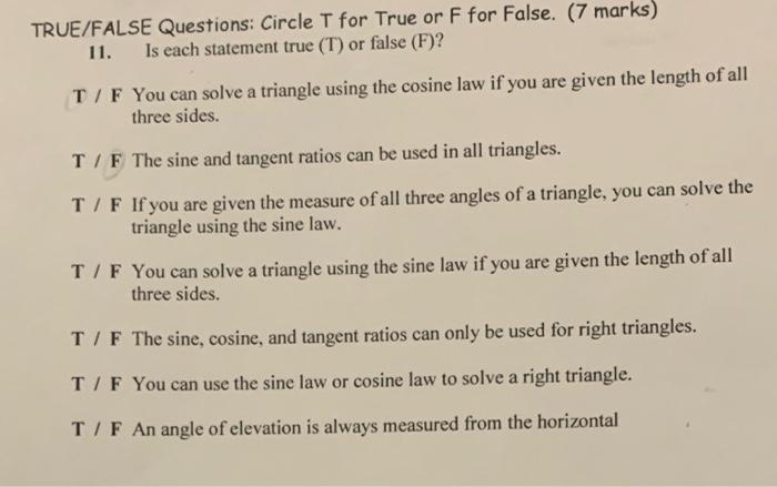 Solved TRUE/FALSE Questions: Circle T for True or F for | Chegg.com