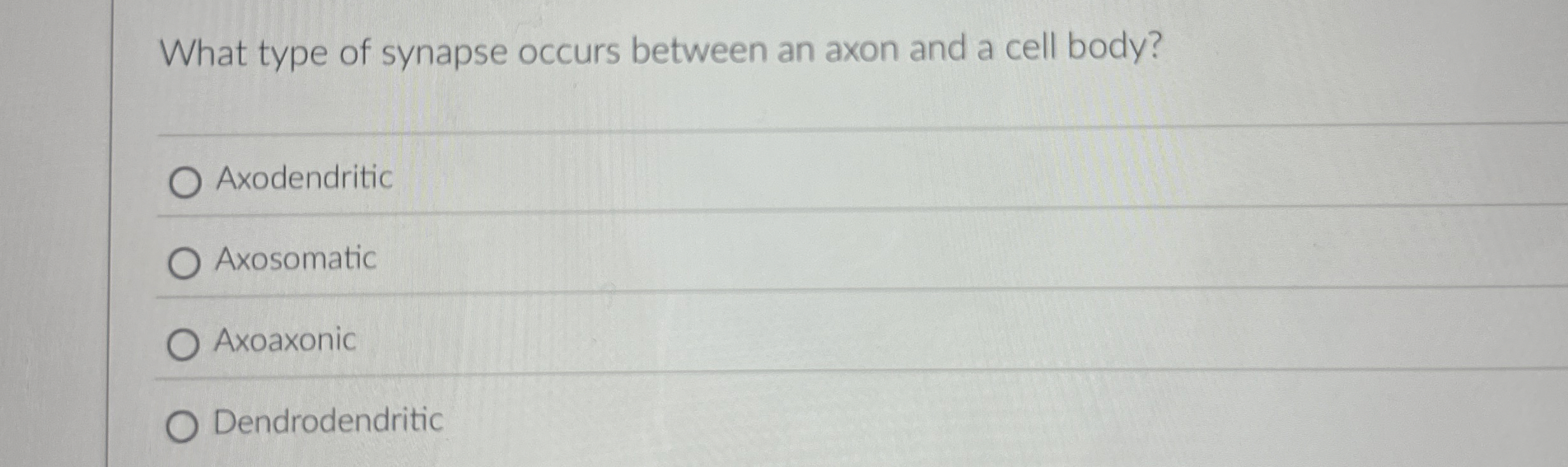 [Solved]: What type of synapse occurs between an axon and a