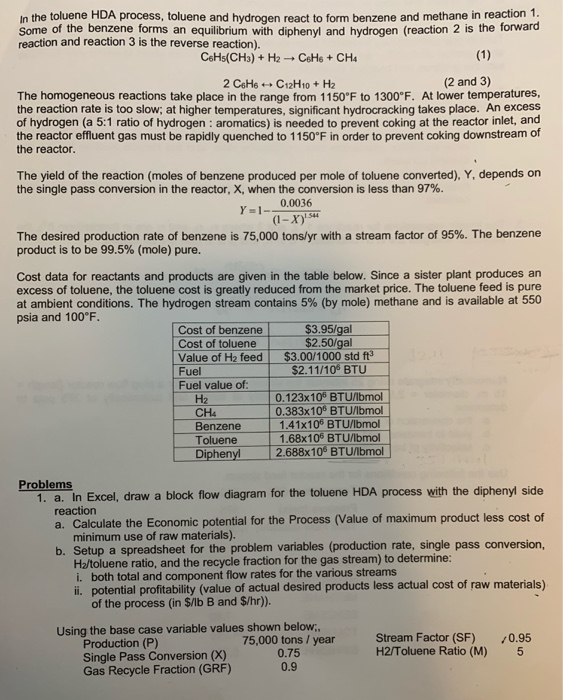 in the toluene HDA process, toluene and hydrogen | Chegg.com