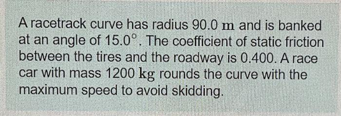 Solved A racetrack curve has radius 90.0 m and is banked at | Chegg.com