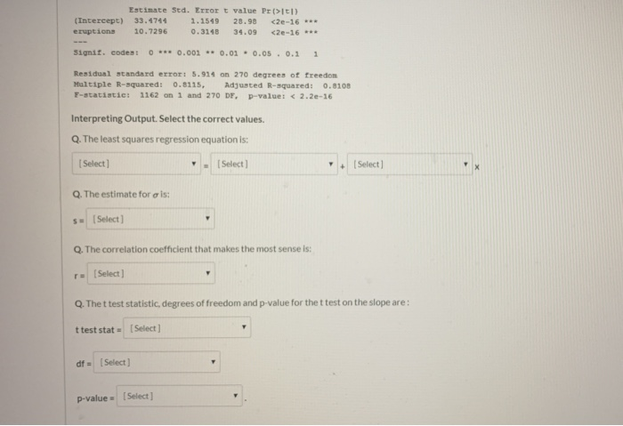 Solved (Intercept) eruptions Estimate Std. Error t value Pr | Chegg.com