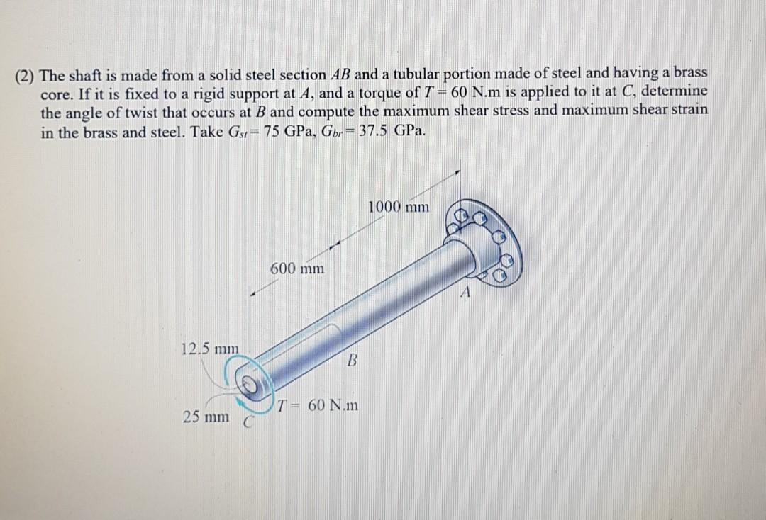 Solved (2) The shaft is made from a solid steel section AB | Chegg.com